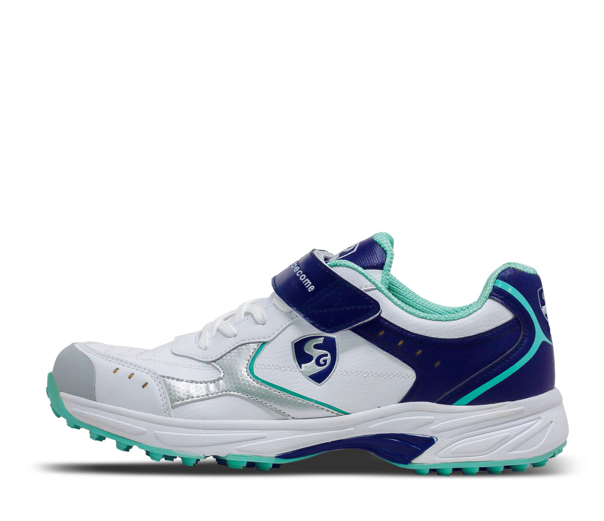 SG ARMOUR STUD Cricket Shoes in White/Navy/Teal – Your Ultimate Cricke ...